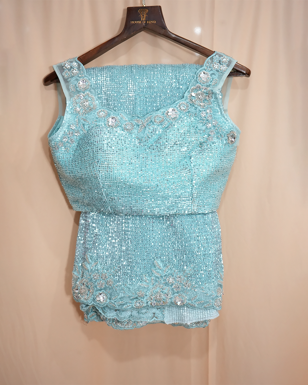 Ice Blue Sequin Saree with Embroidered Blouse – House of Hind