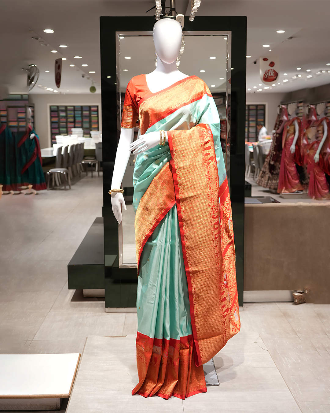 Sage Green Gadwal Pure Silk Saree with Orange Border – House of Hind