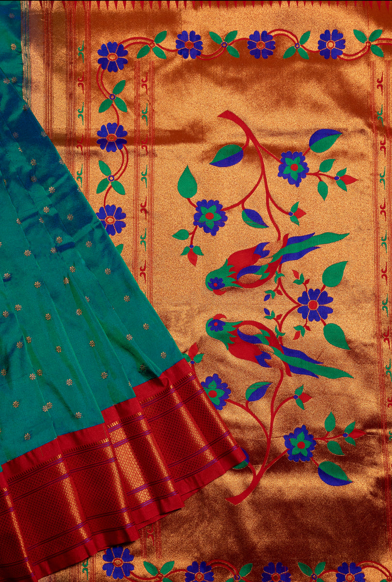 Morpankhi Semi Silk Paithani Saree with Contrast Red Border – House of Hind