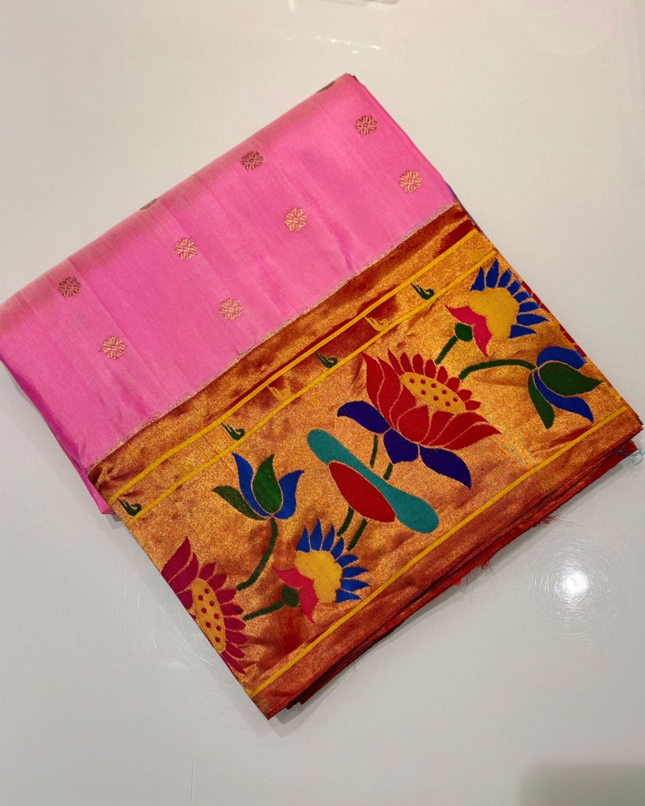 Baby Pink Pure Silk Heirloom Paithani with Lotus Border – House of Hind