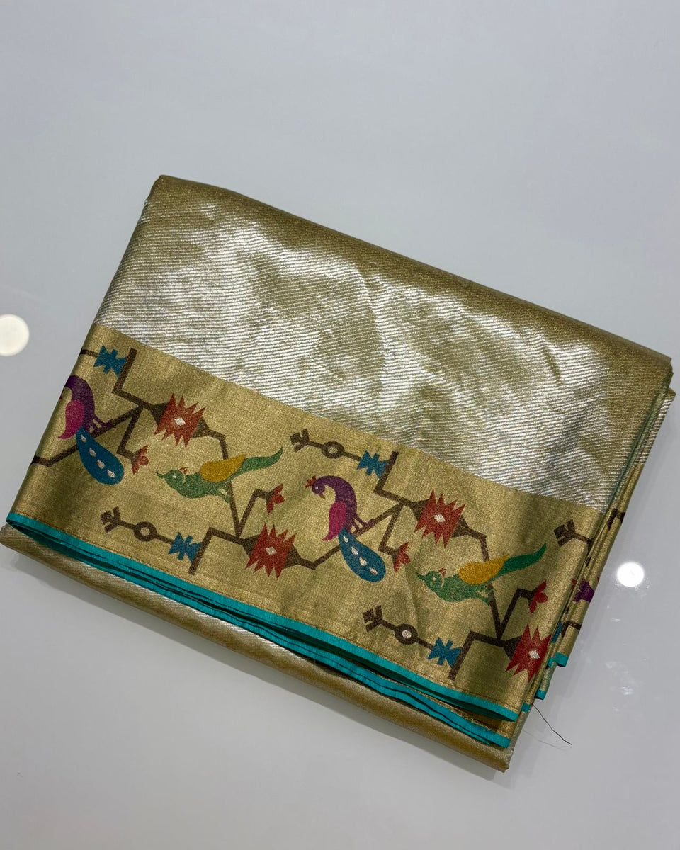 Champagne Gold Tissue Paithani with Designer Border – House of Hind