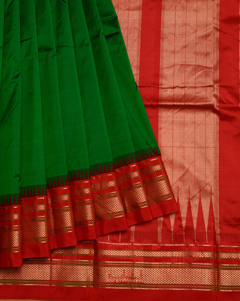 Green and Red 9 Yards Pure Silk Irkal Saree with Golden Zari Kadiyal B ...