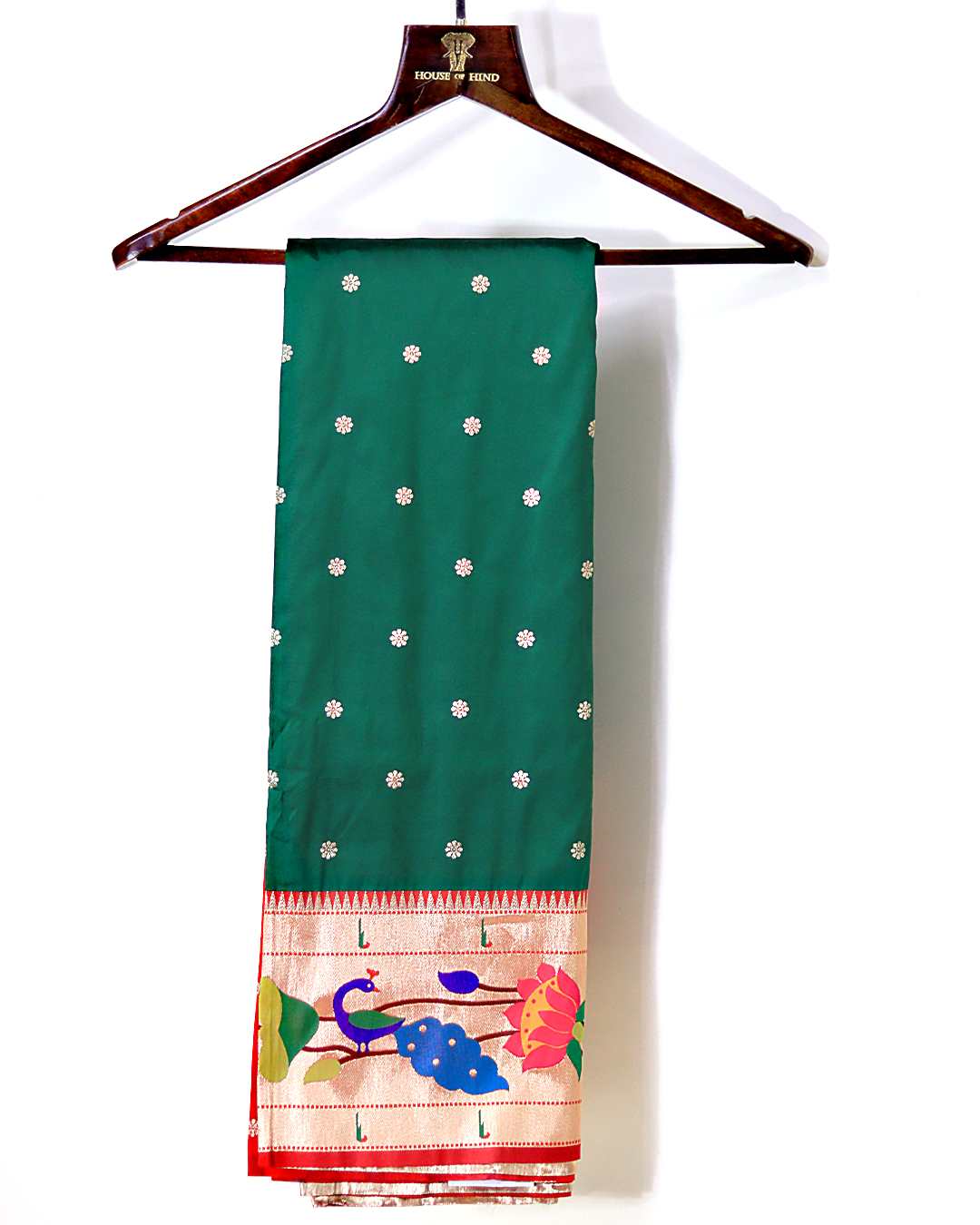 Emerald Green Paithani Saree with Peacock and Lotus Motifs - House of Hind