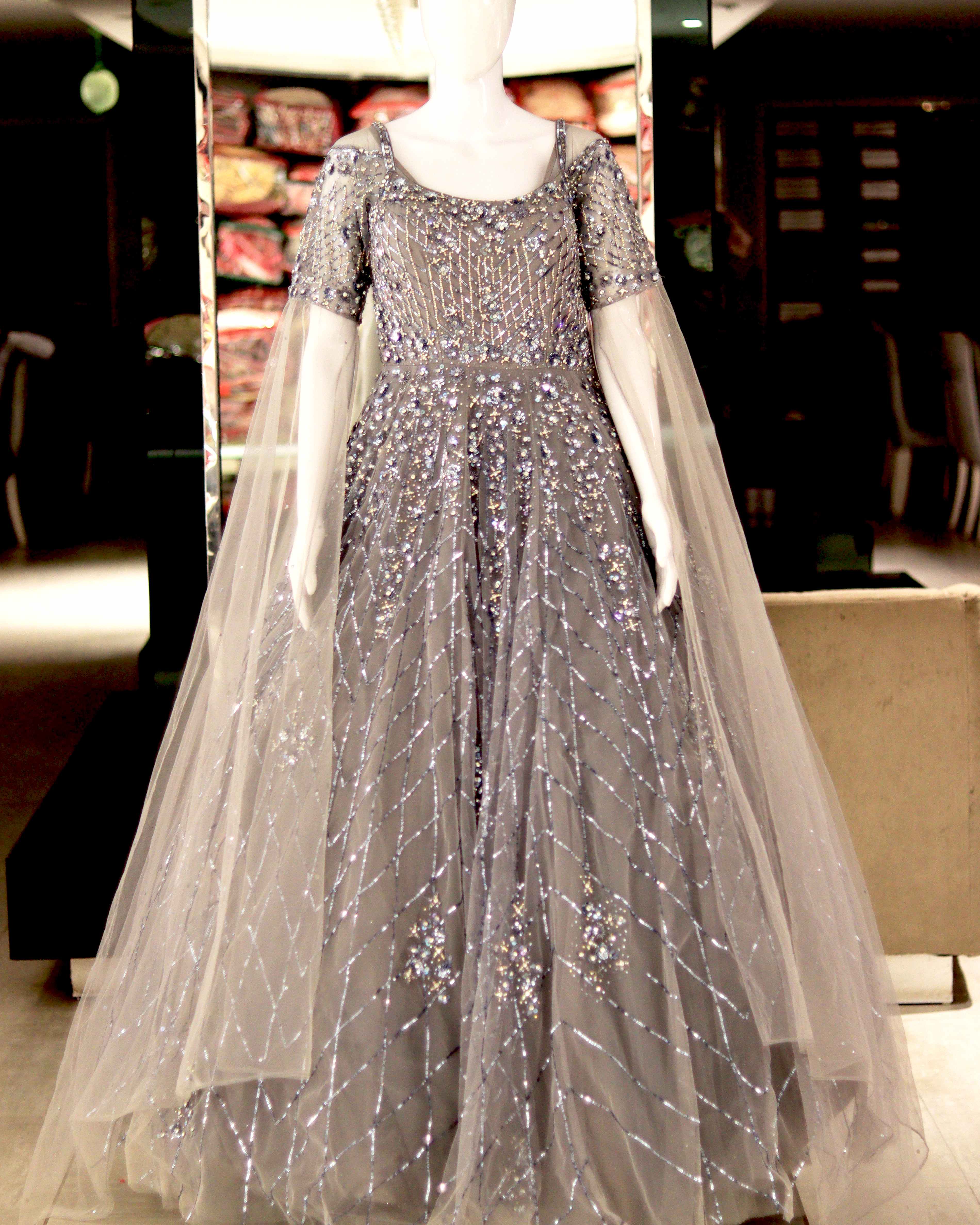 Grey Long Bridal Gown with Embellished Detailing – House of Hind
