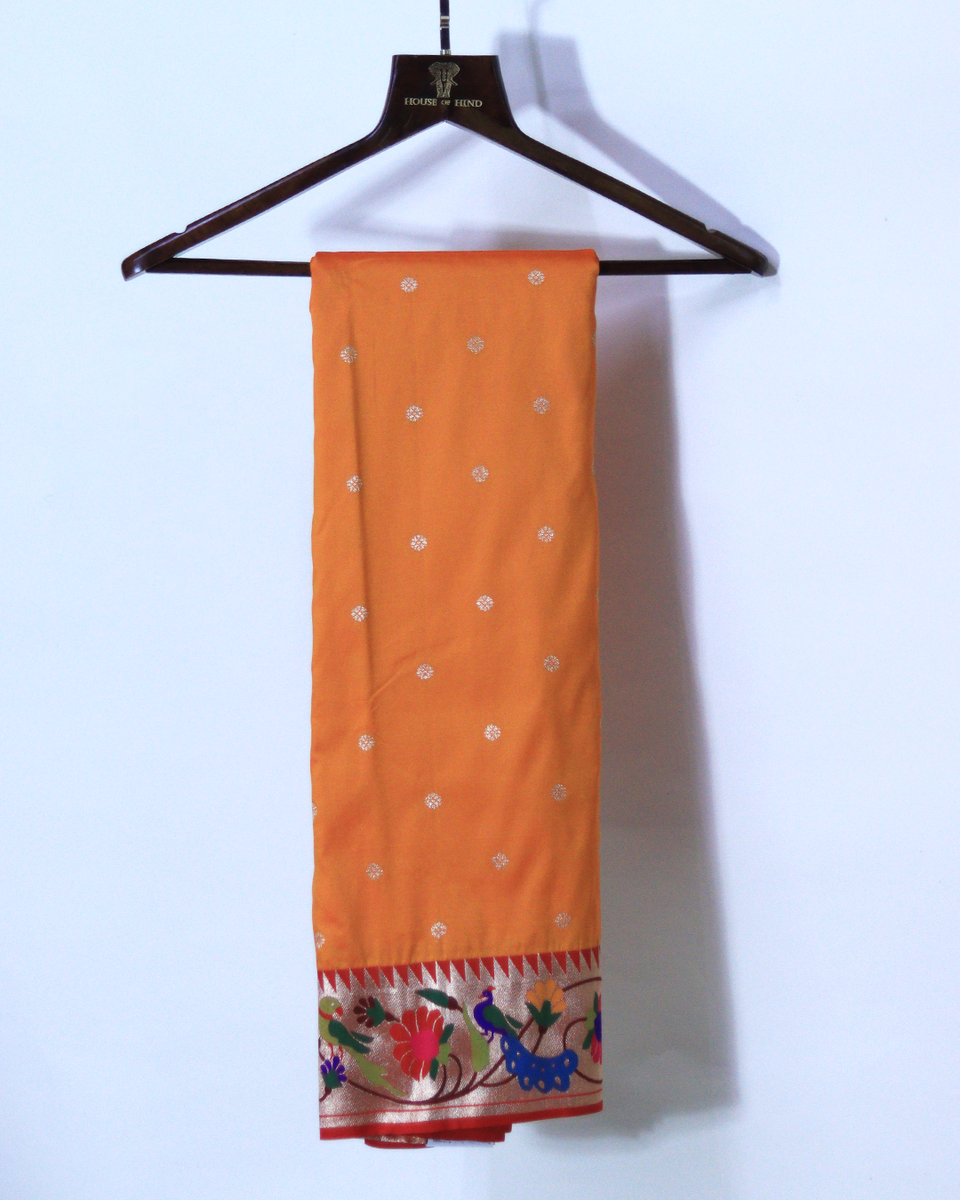 Orange Paithani Saree with Peacock Motifs - House of Hind
