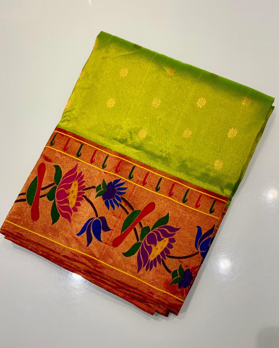 Parrot Green Pure Silk Heirloom Paithani with Lotus Border – House of Hind