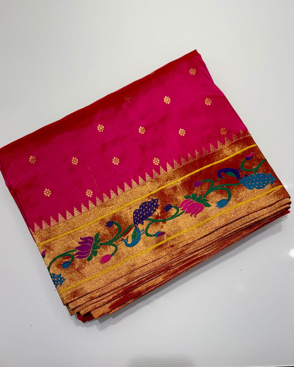 Rani Pink Pure Silk Paithani with Peacock & Lotus Border – House of Hind