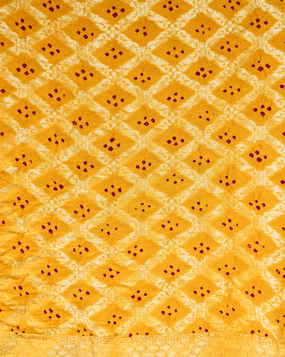 Yellow Bandhani Saree in Check Style with Floral Border – House of Hind