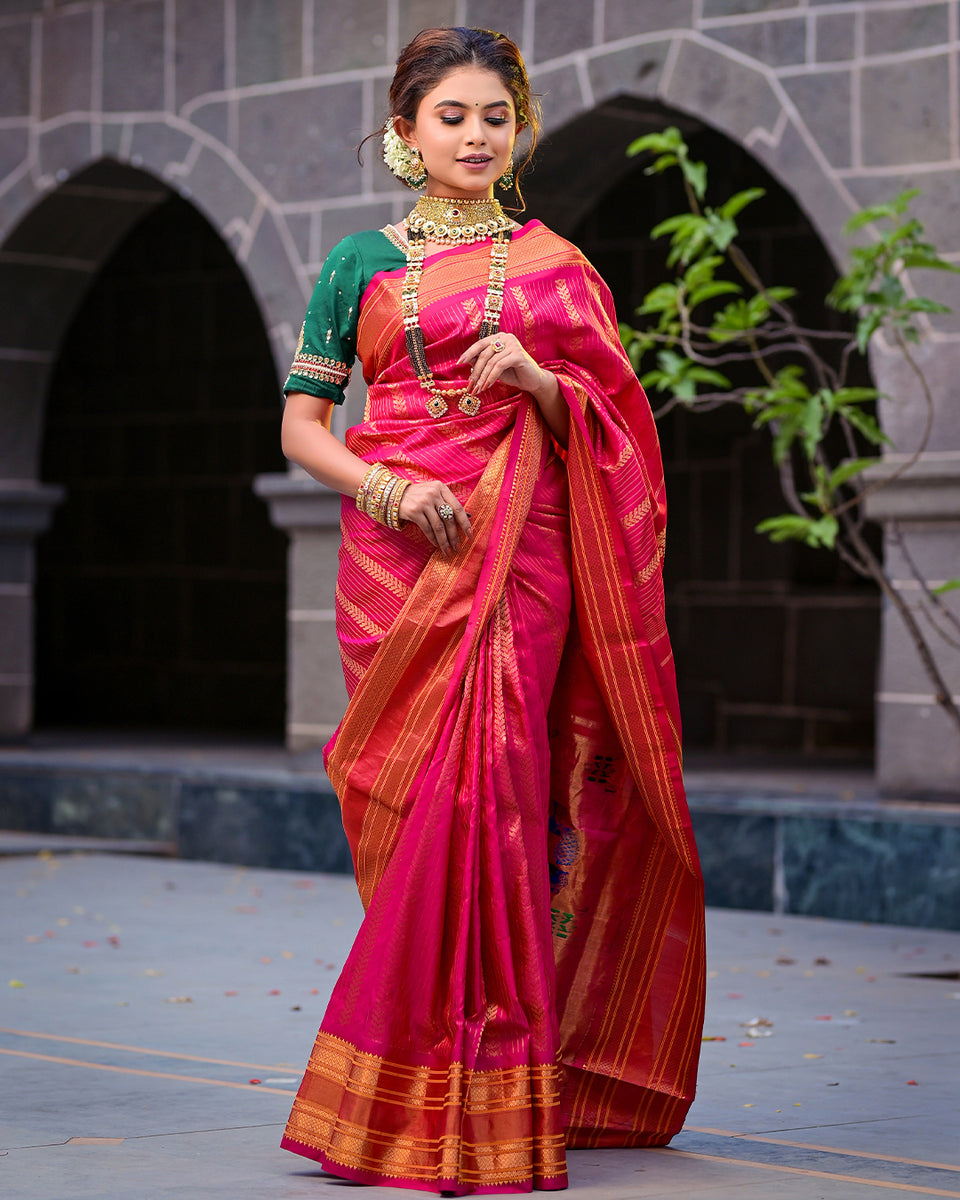 Dark Rani Pink Pure Silk Paithani Saree with Zari Border – House of Hind