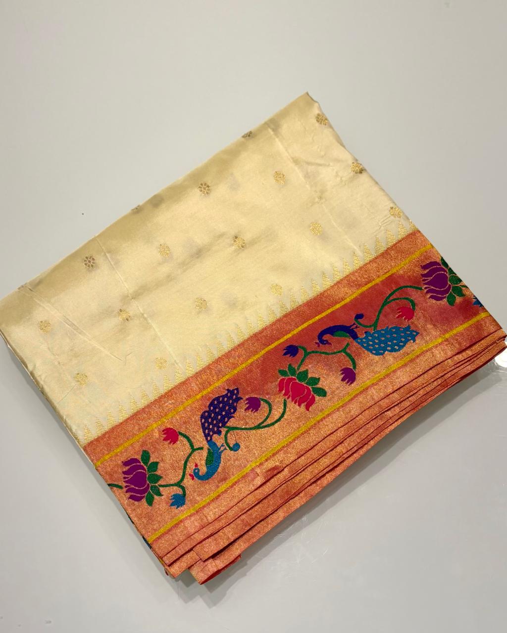 White Pure Silk Paithani with Lotus & Peacock Border – House of Hind