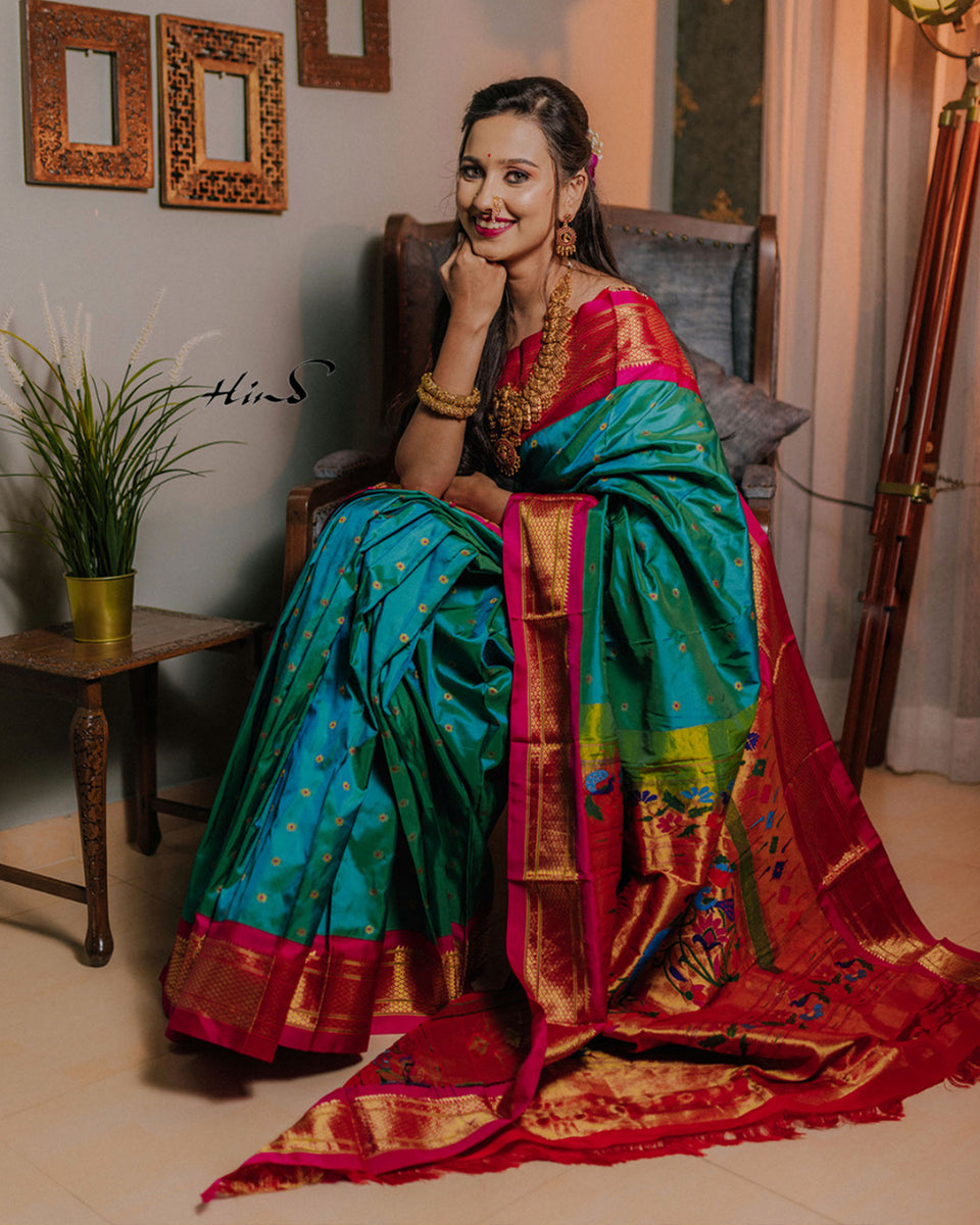 Morpankhi Pure Silk Paithani with Chataie border – House of Hind