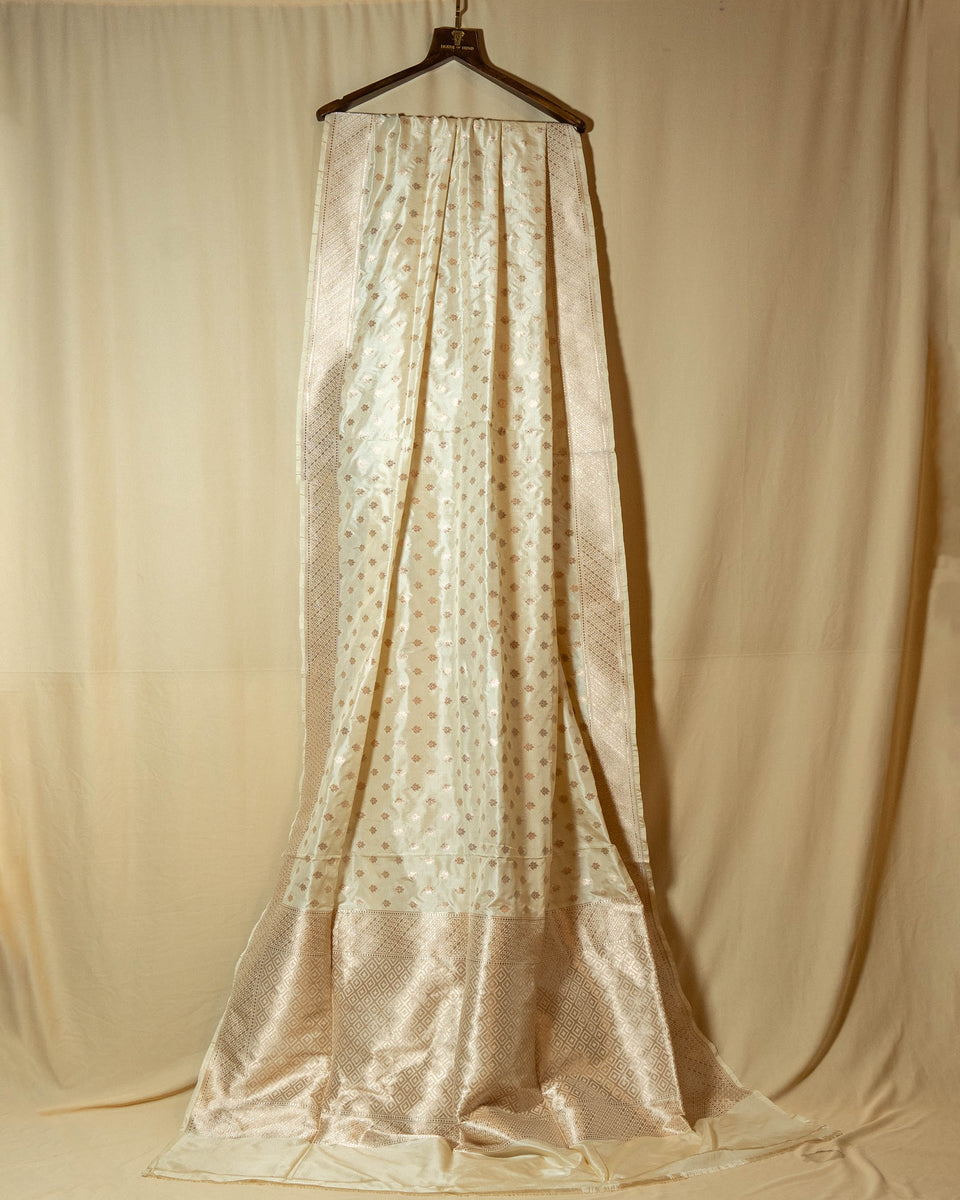 White Banarasi Pure Silk Saree Shalu with Light Golden Zari Work ...