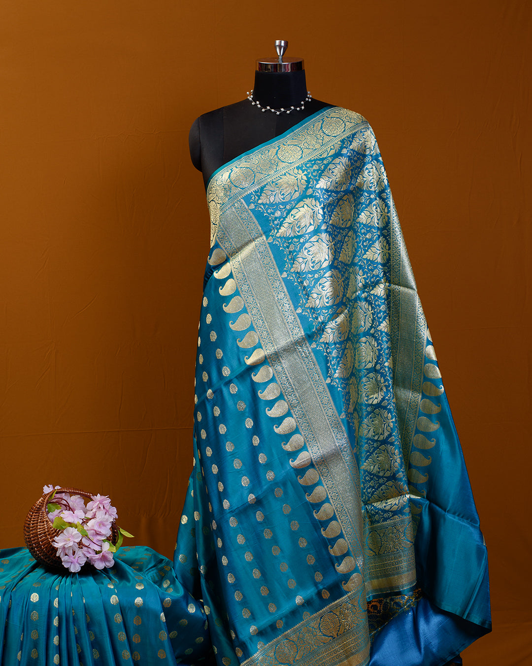 Turquoise Banarasi Pure Silk Saree Shalu with Golden Zari Work – House ...