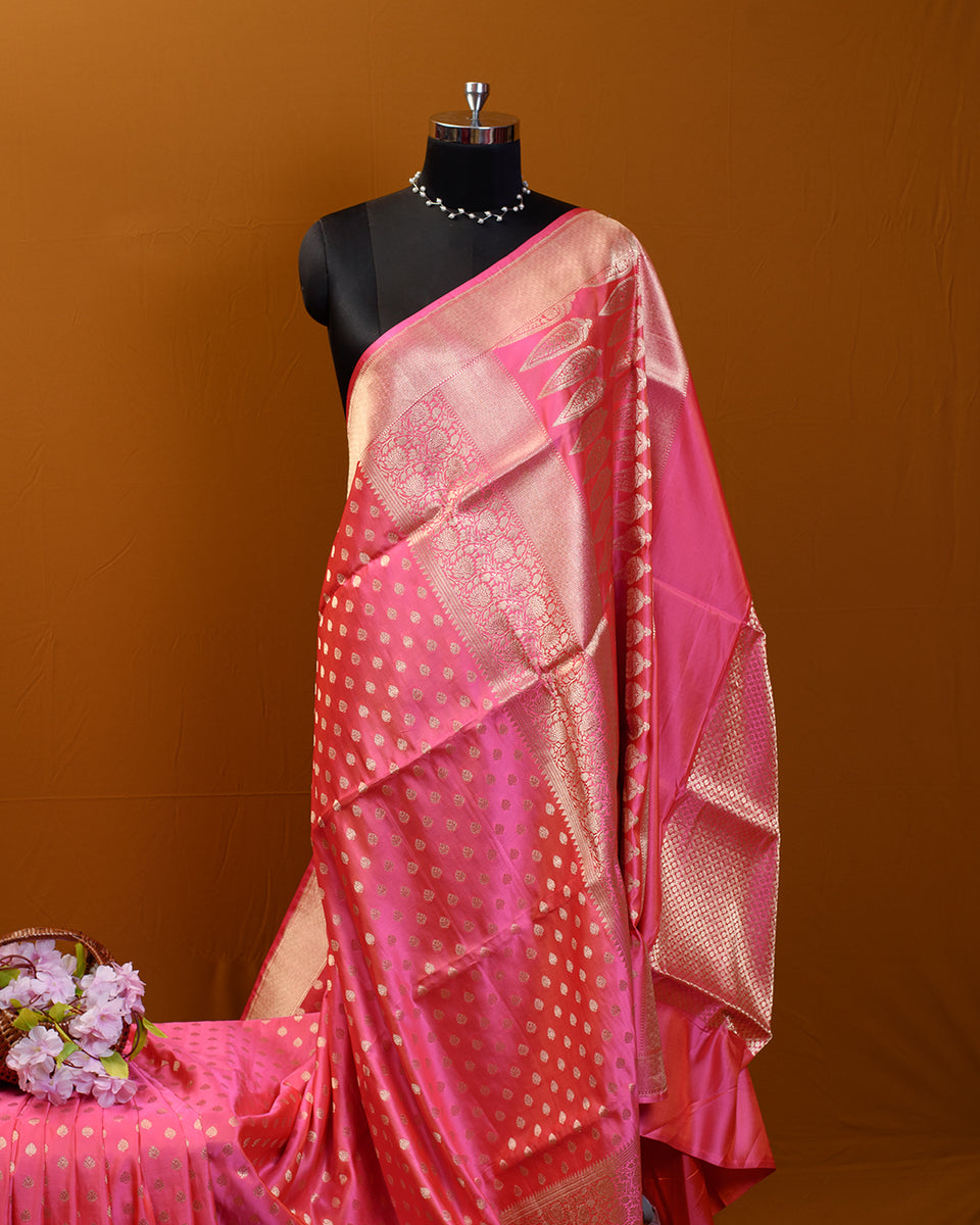 Peach Banarasi Silk Saree Shalu with Light Golden Zari Work – House of Hind