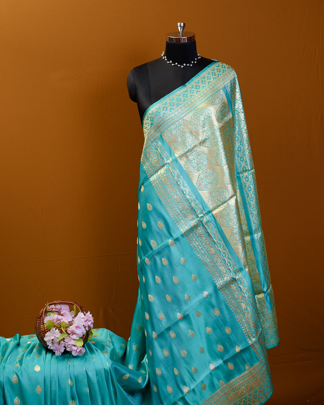 Sky Blue Banarasi Pure Silk Saree Shalu with Light Golden Zari Work ...