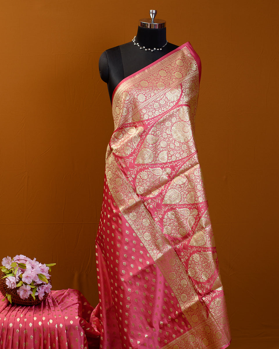 Pink Shalu Banarasi Silk Saree with zari work and golden thread work ...